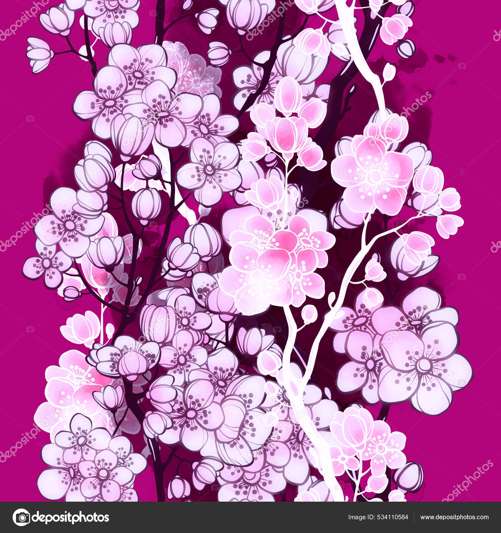 Sakura Blossom Twigs Vintage Seamless Pattern Digital Lines Hand Drawn ...