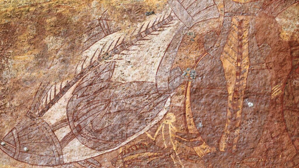 Arte rupestre aborigen ancestral: primer plano de barramundi, peces ...