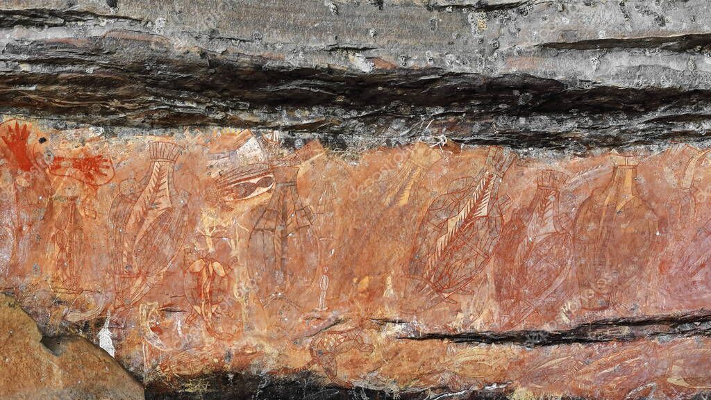 Arte rupestre aborigen ancestral: plantilla de manos, peces salmonete ...