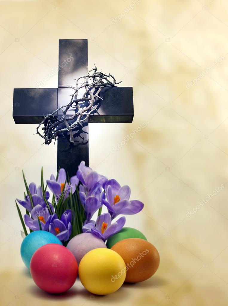 Easter cross crocus and eggs abstract unique concept metaphor Stock ...