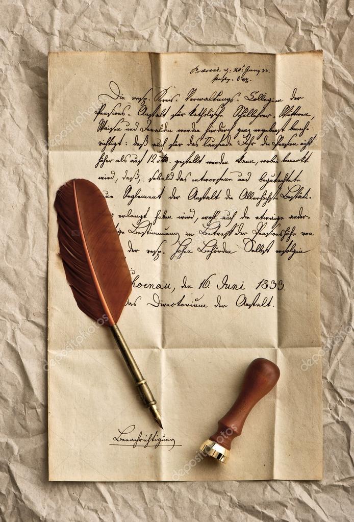 Old letter with feather quill and wax seal — Stock Photo © LiliGraphie ...