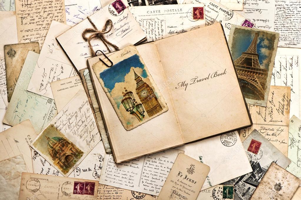 Old postcards, letters, mails and open travel book Stock Photo by ...