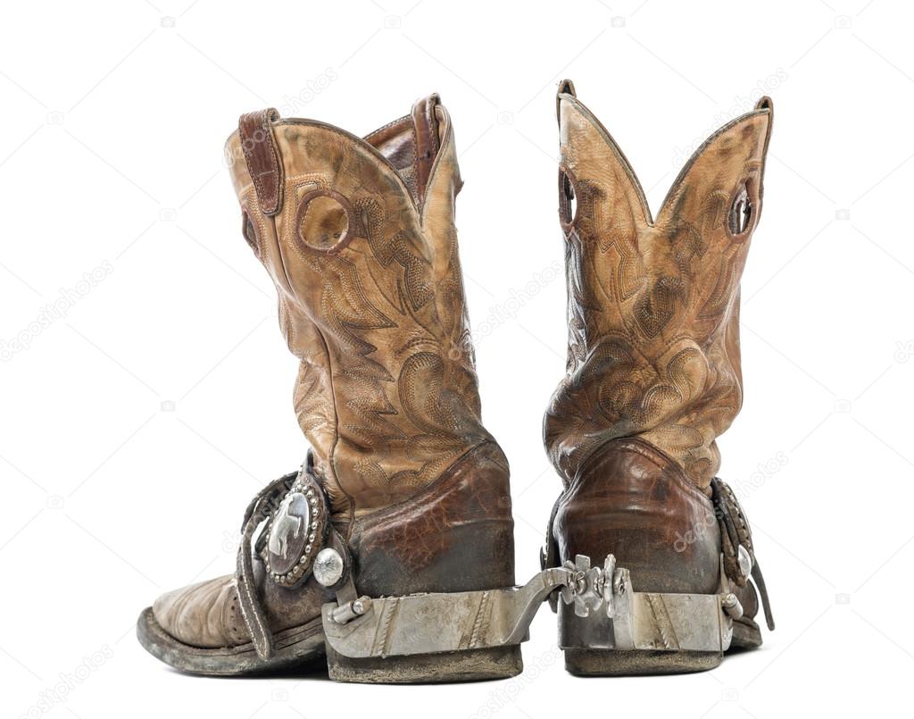Rear view of a Pair of cowboy boots, isolated on white backgroun ...