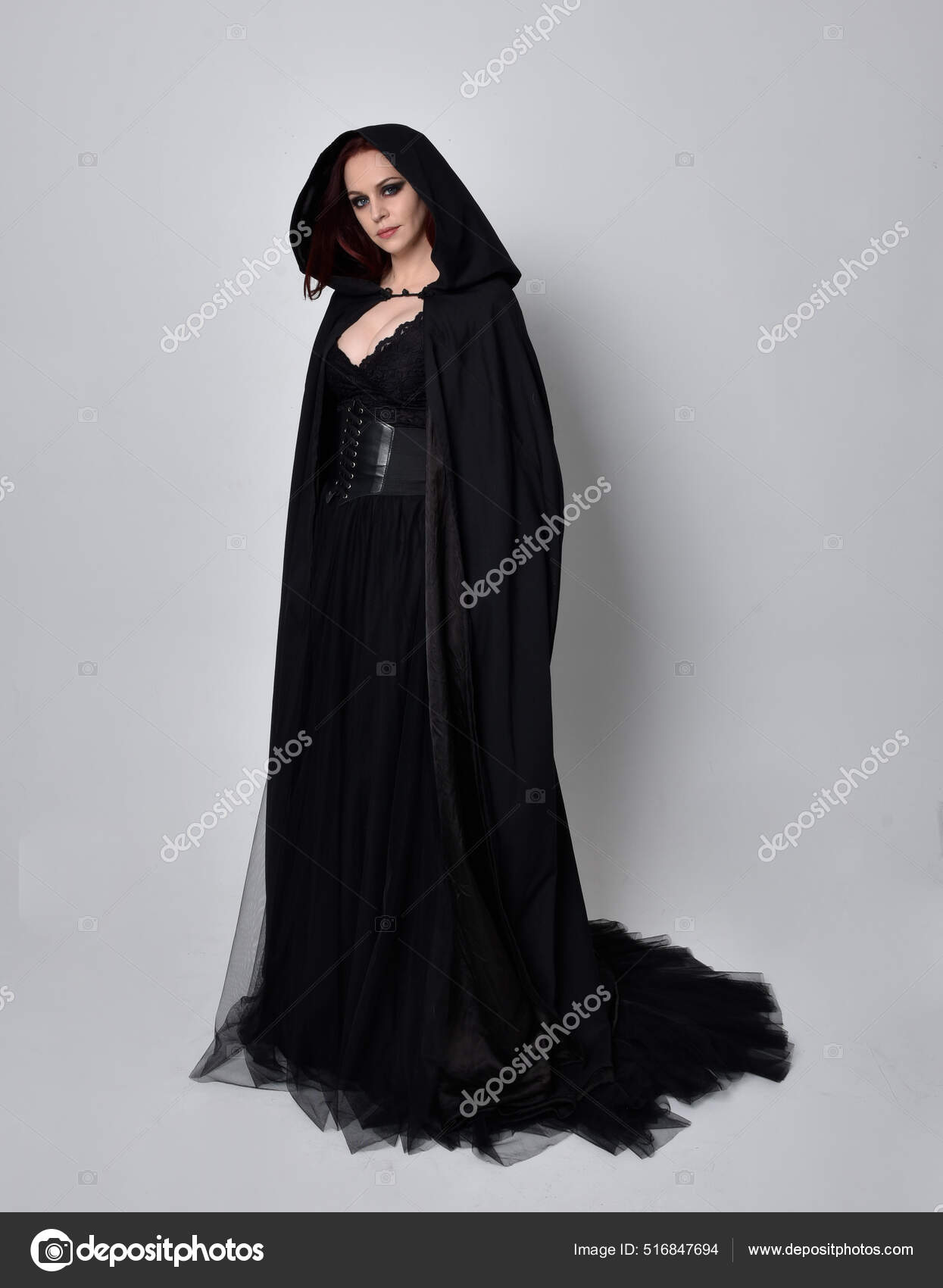 Full Length Portrait Dark Haired Woman Wearing Black Victorian Witch ...