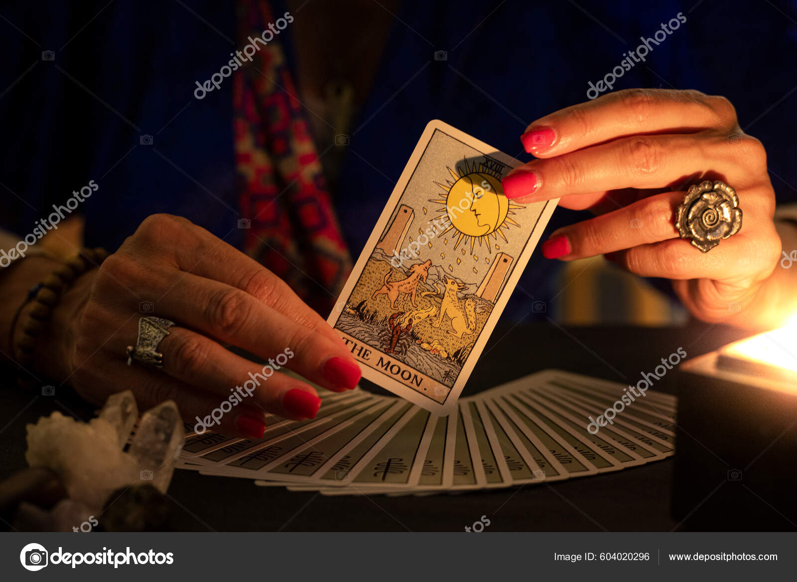 Fortune Teller Hands Showing Moon Tarot Card Symbol Intuition Reading ...