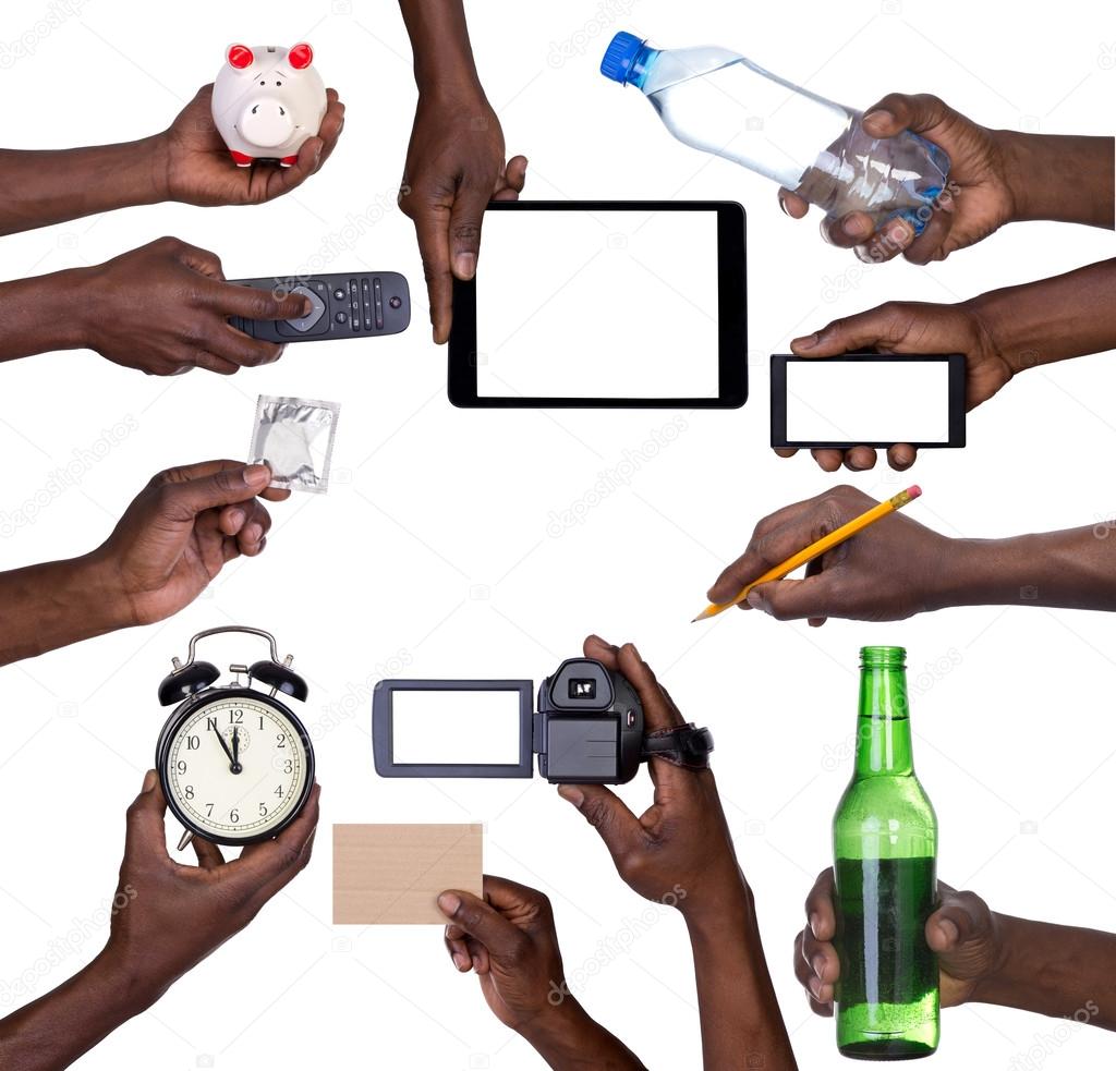 Hand holding various objects isolated on white Stock Photo by ©photkas ...
