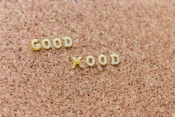 Good mood text on cork background. Mood board background. Positive ...