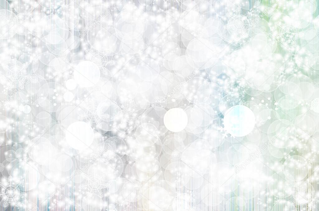 Bright and festive silver background with snow flakes, stars and bokeh ...