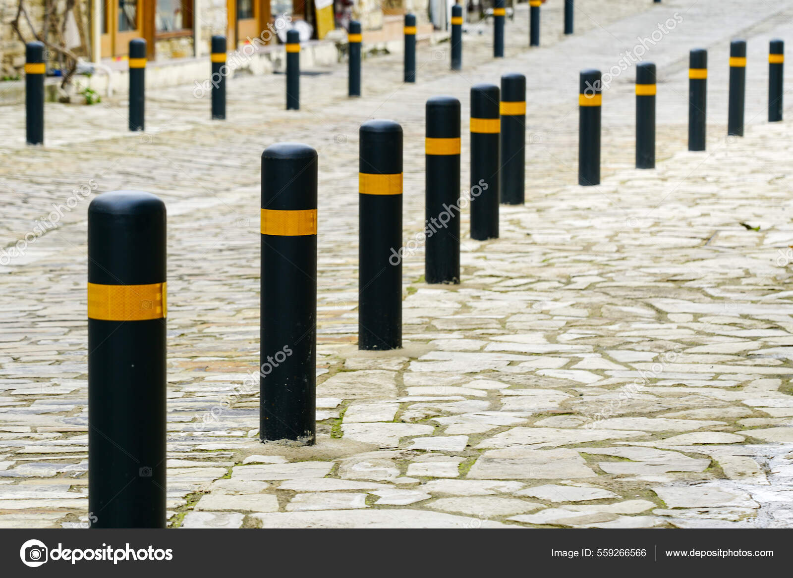 Protection Paved Sidewalk Driveway Black Yellow Posts — Stock Photo ...