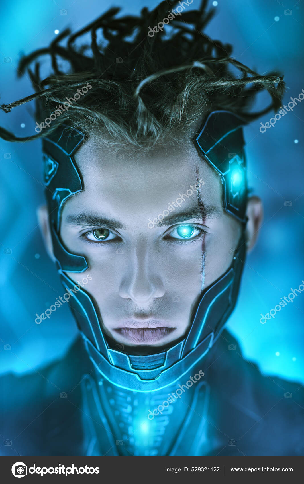 Close Shot Handsome Cyberpunk Warrior Cybernetic Eye Scar His Face ...