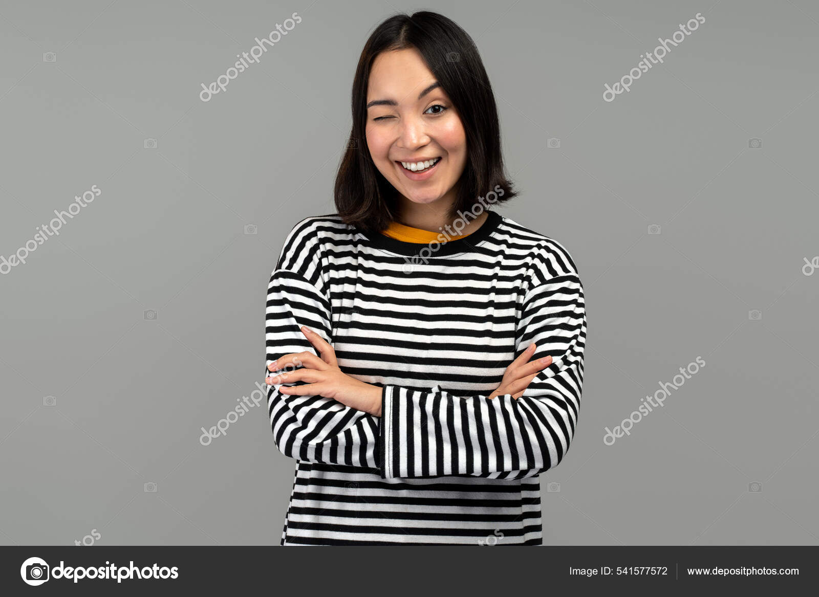 Positive Woman Winking Camera Flirting Expression Blinking Eye Having ...