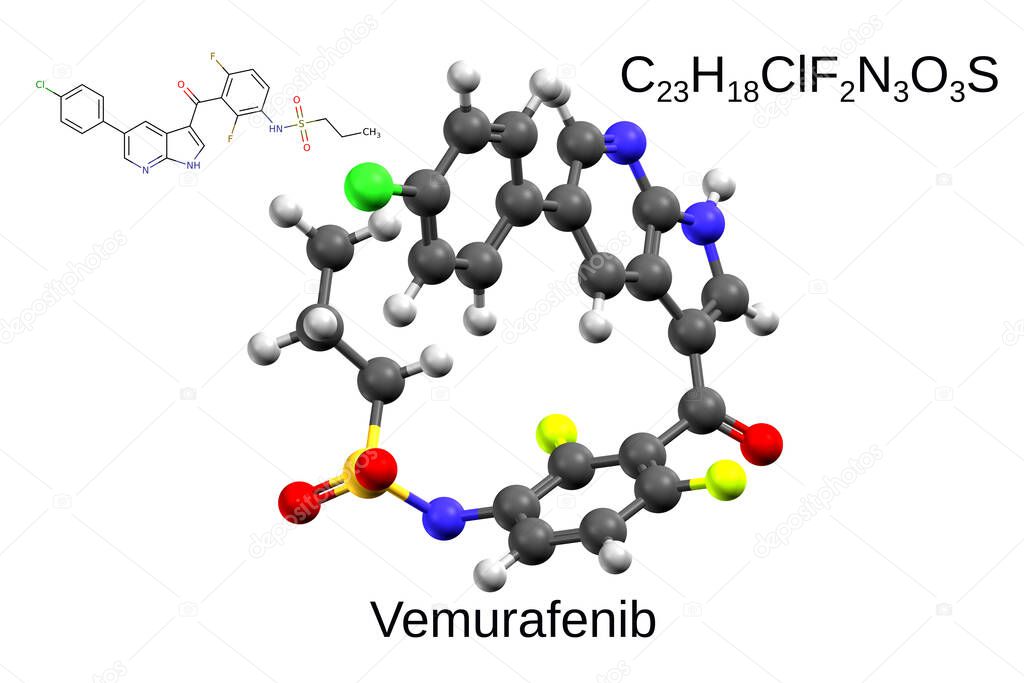 Fórmula química, fórmula estructural y modelo 3D de bola y palo del medicamento anticanceroso ...