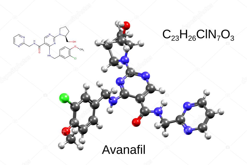 Fórmula química, fórmula esquelética y modelo 3D de avanafilo, un ...
