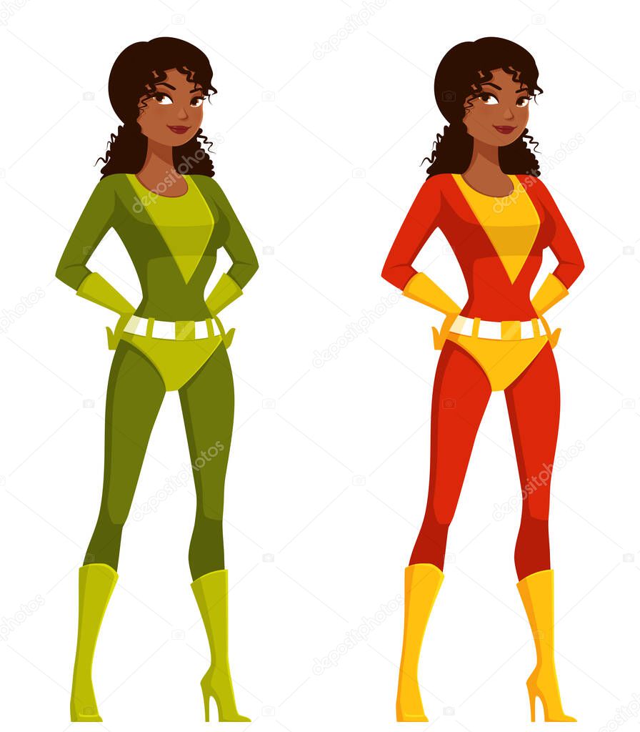 hermosa mujer negra en traje de superh roe. Dibujos animados ilustraci n. Aislado sobre blanco. 2024