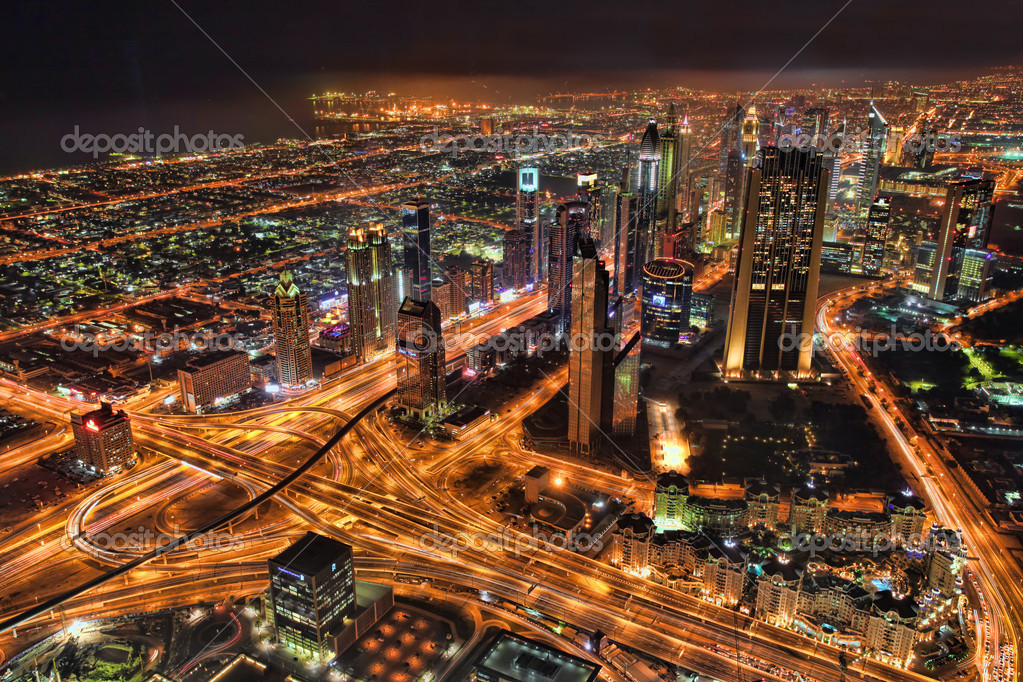 Dubai city at night with skyscrapers in United Arab Emirates – Stock ...