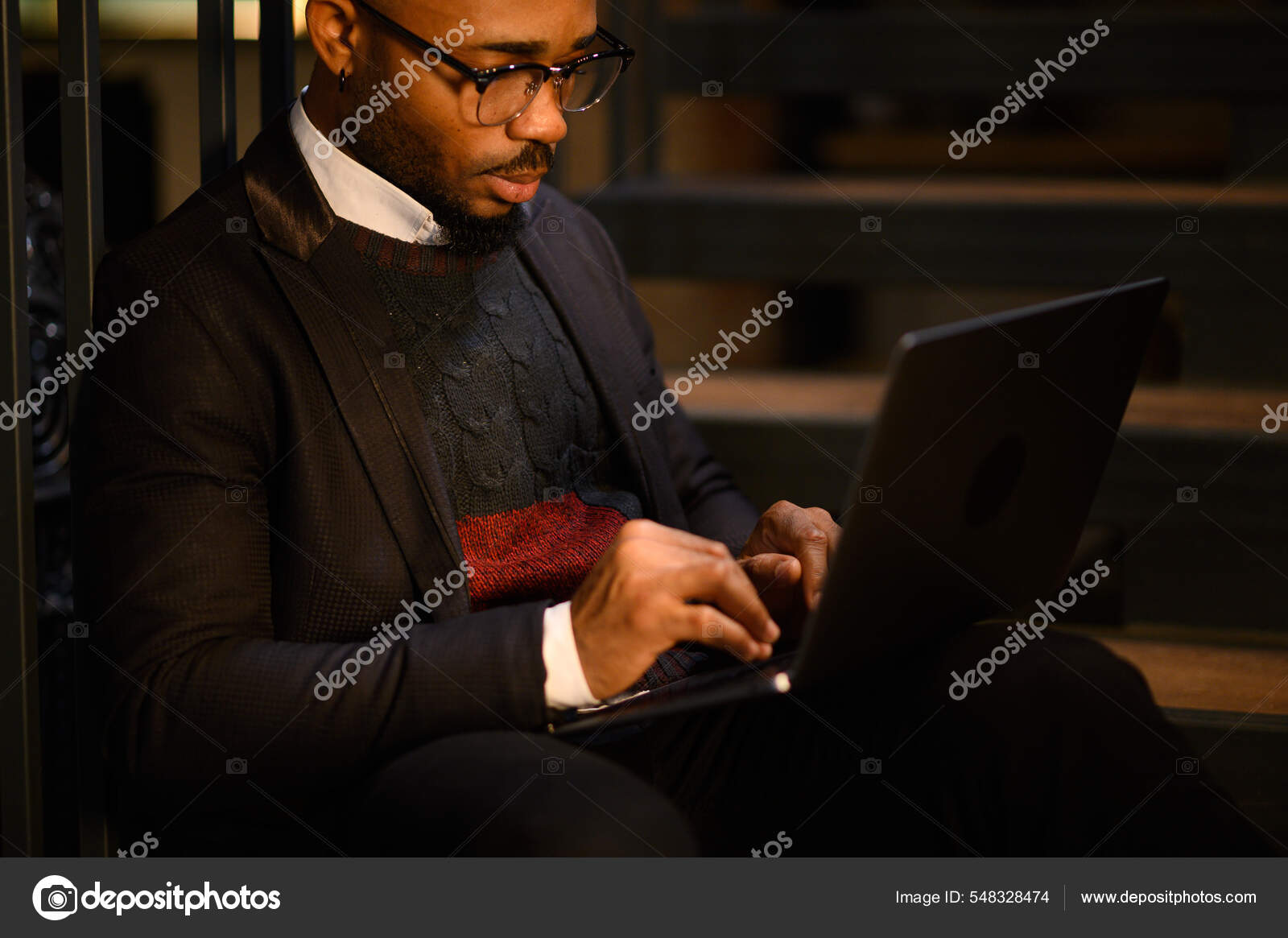 Black Man Works Laptop Close His Face Video Conferences Stock Photo by ...