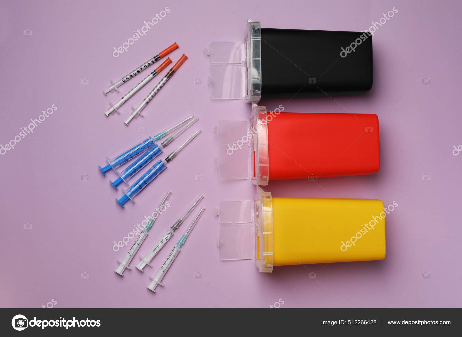 Disposable Syringes Needles Sharps Containers Violet Background Flat ...