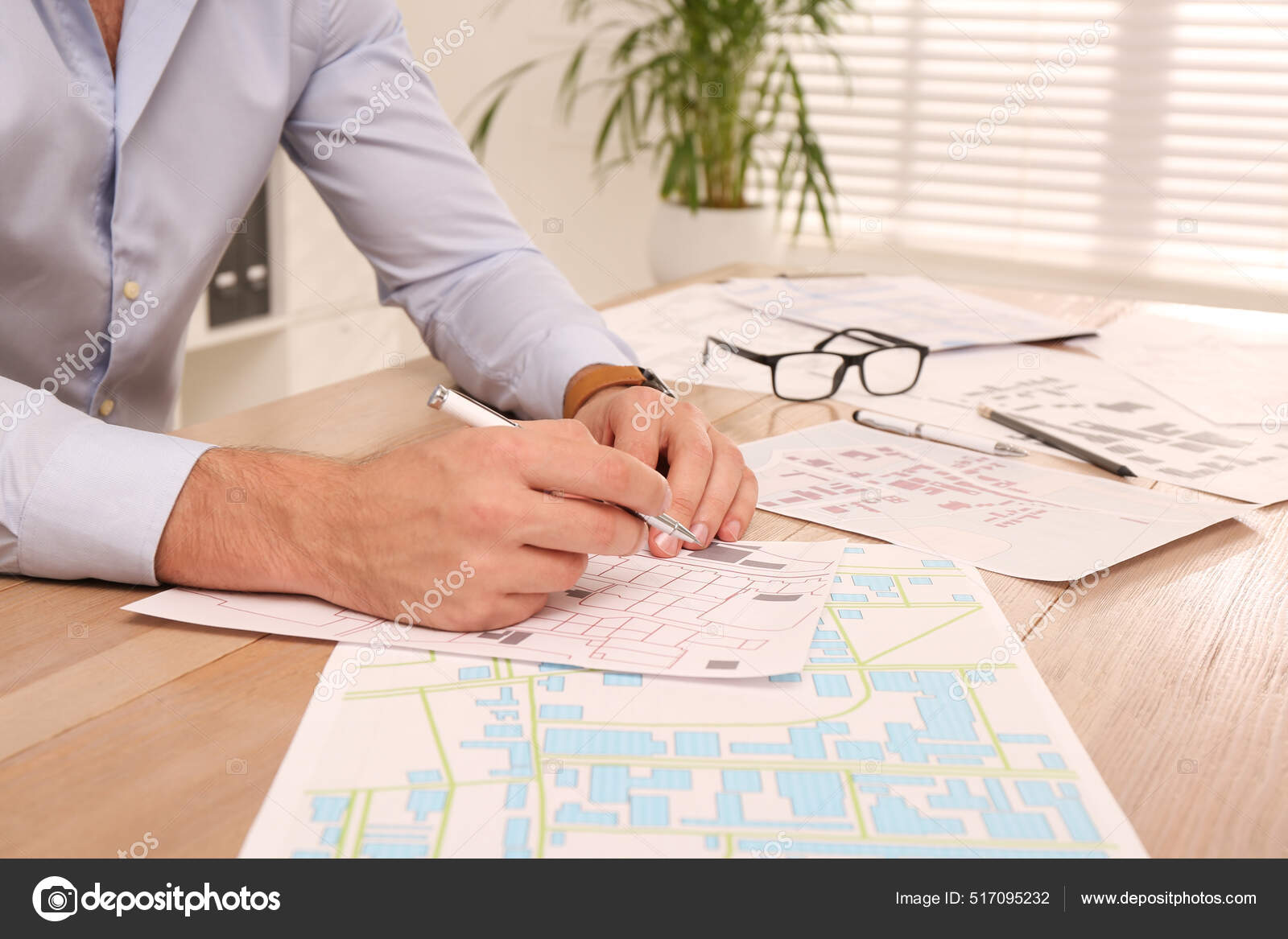 Professional Cartographer Working Cadastral Map Wooden Table Office ...