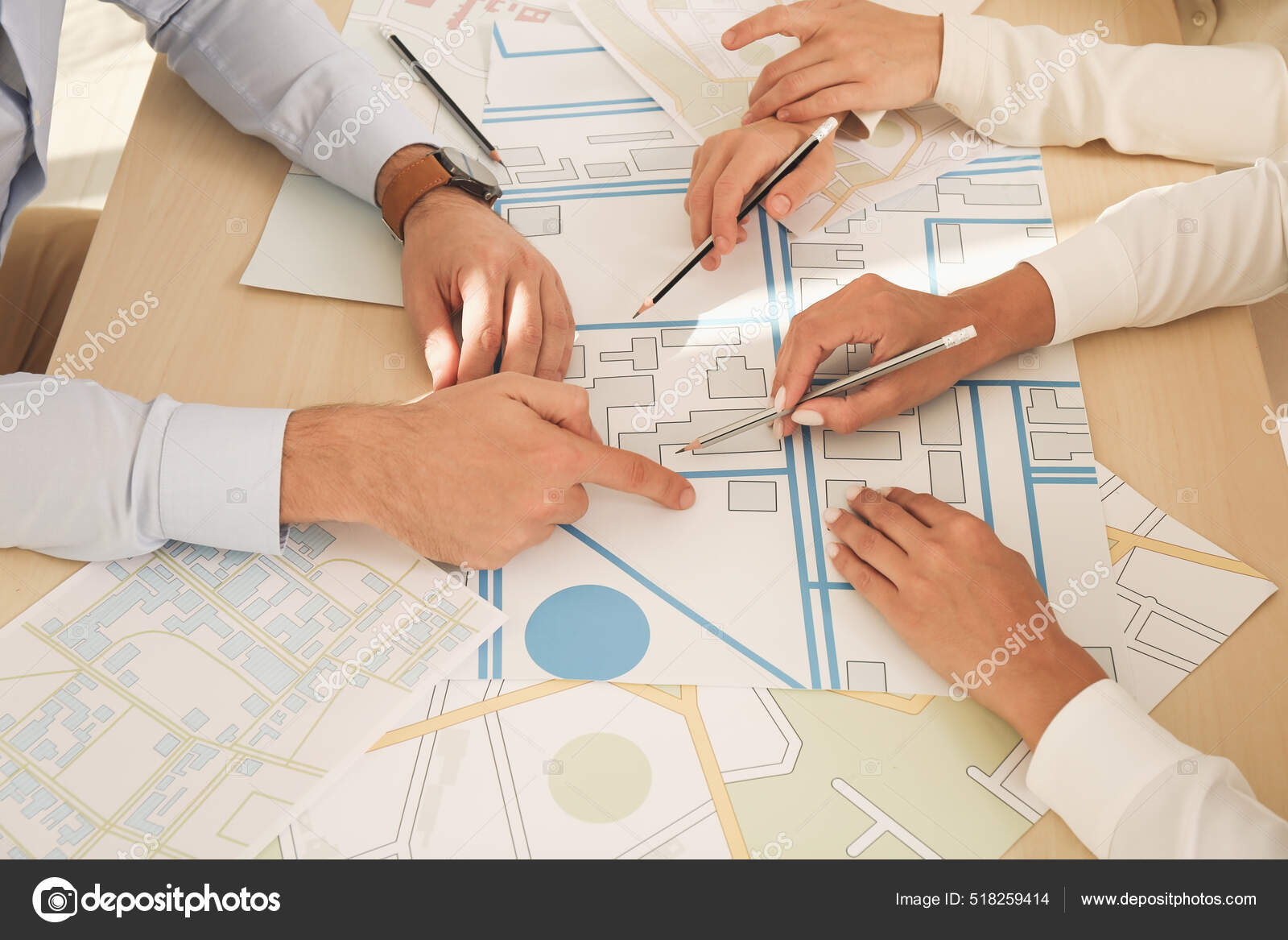 Professional Cartographers Working Cadastral Map Table Closeup Stock ...