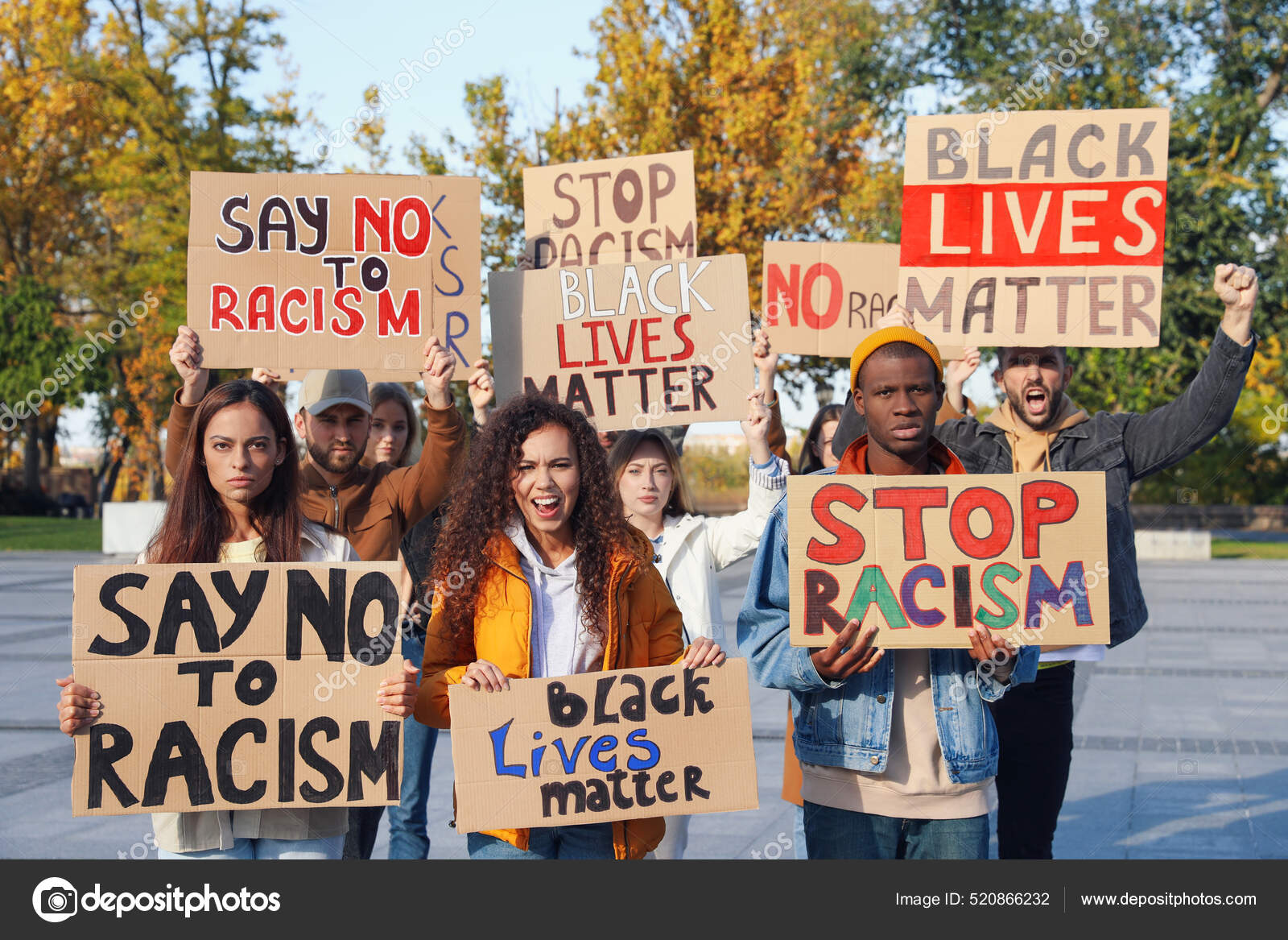 Protesters Demonstrating Different Racism Slogans Outdoors People ...