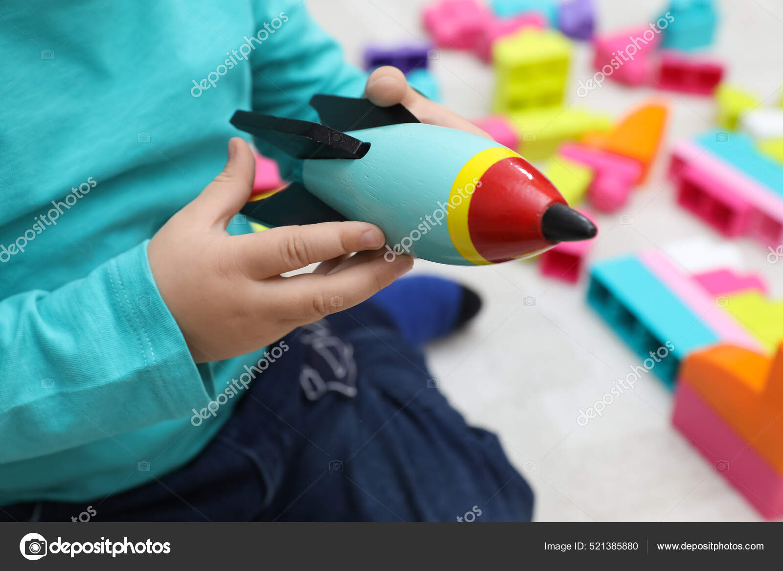Little Child Playing Toy Rocket Indoors Closeup — Stock Photo ...