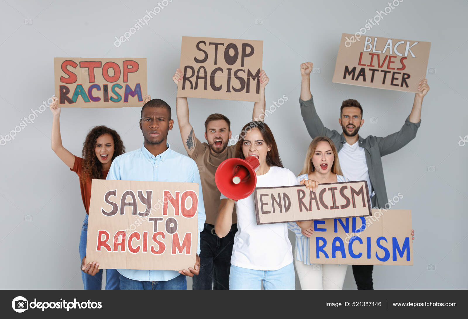 Protesters Demonstrating Different Racism Slogans Light Background ...