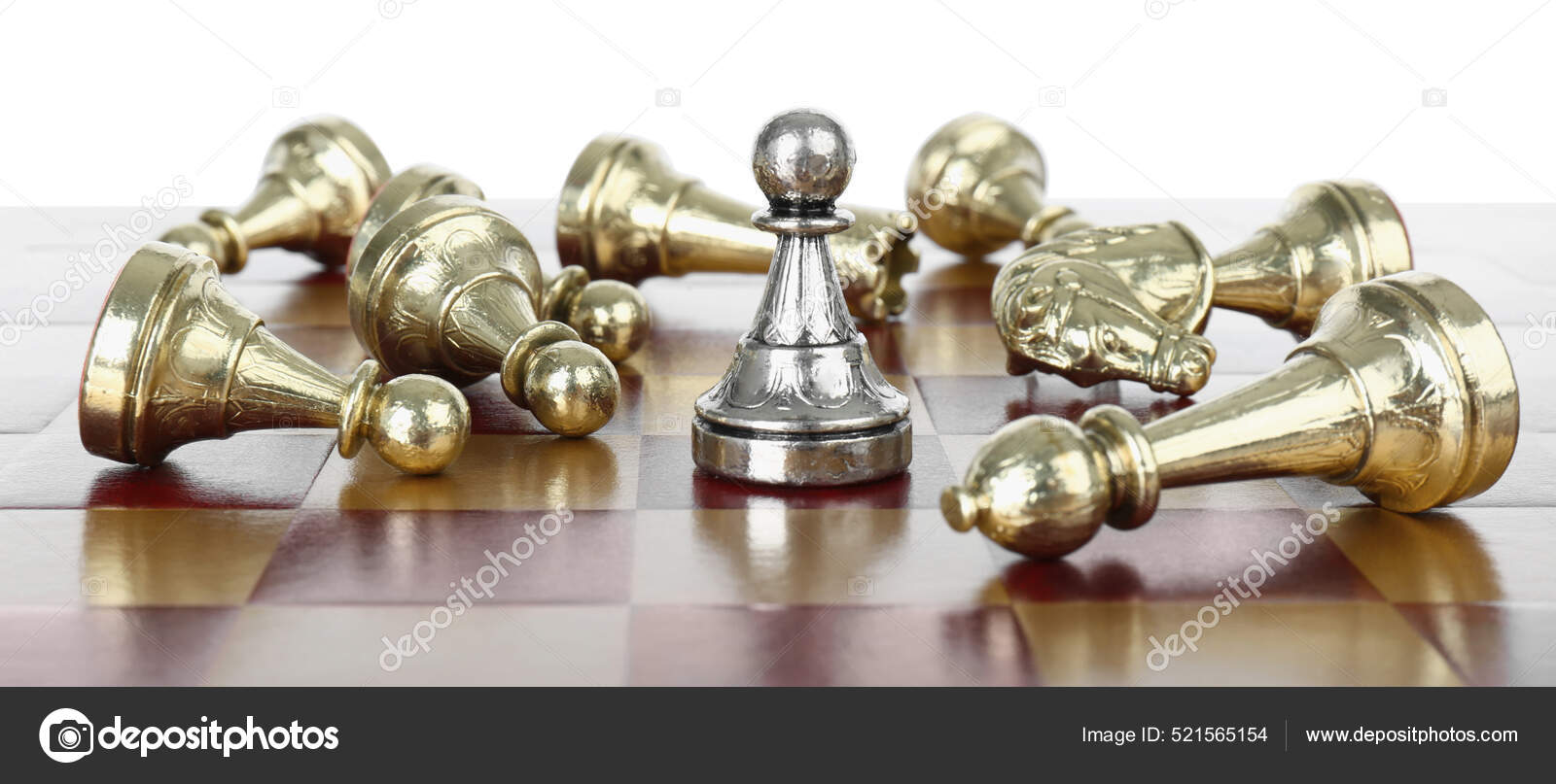 Silver Pawn Fallen Golden Chess Pieces Wooden Board White Background ...