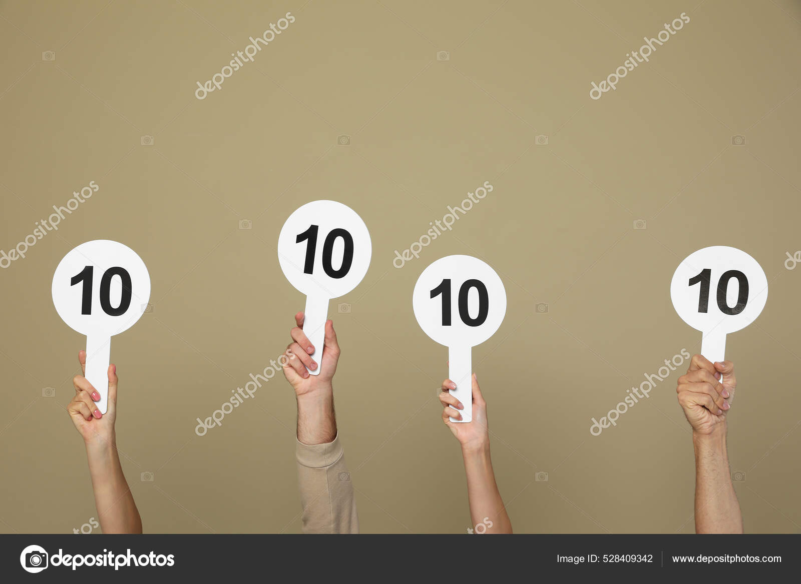 Panel Judges Holding Signs Highest Score Beige Background Closeup ...