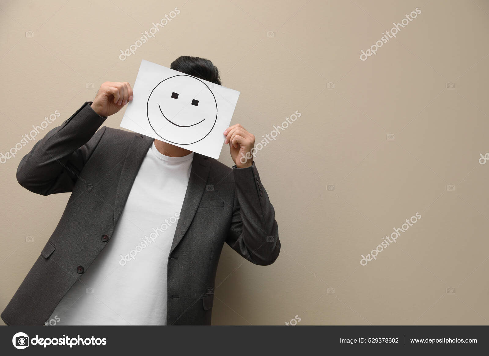 Man Hiding Emotions Using Card Drawn Smiling Face Beige Background ...