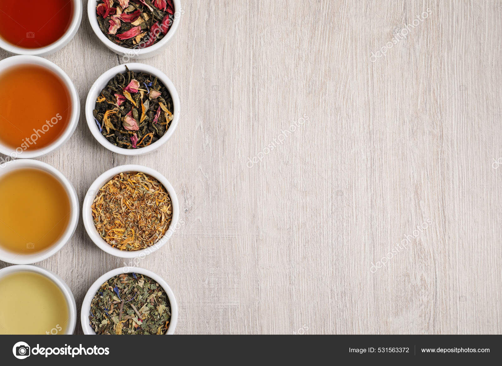 Flat Lay Composition Different Freshly Brewed Teas Dry Leaves Wooden ...