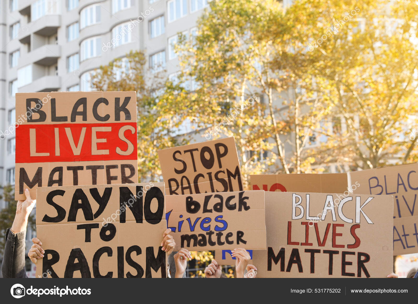 Protesters Demonstrating Different Racism Slogans Outdoors People ...