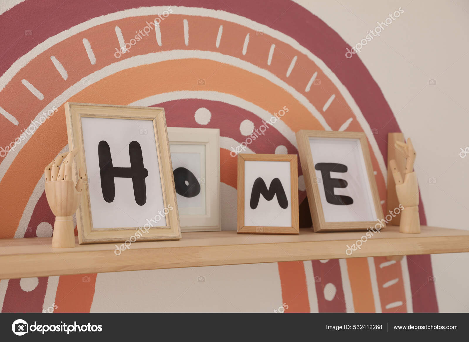 Wooden Shelf Word Home Rainbow White Wall Indoors Interior Design Stock ...