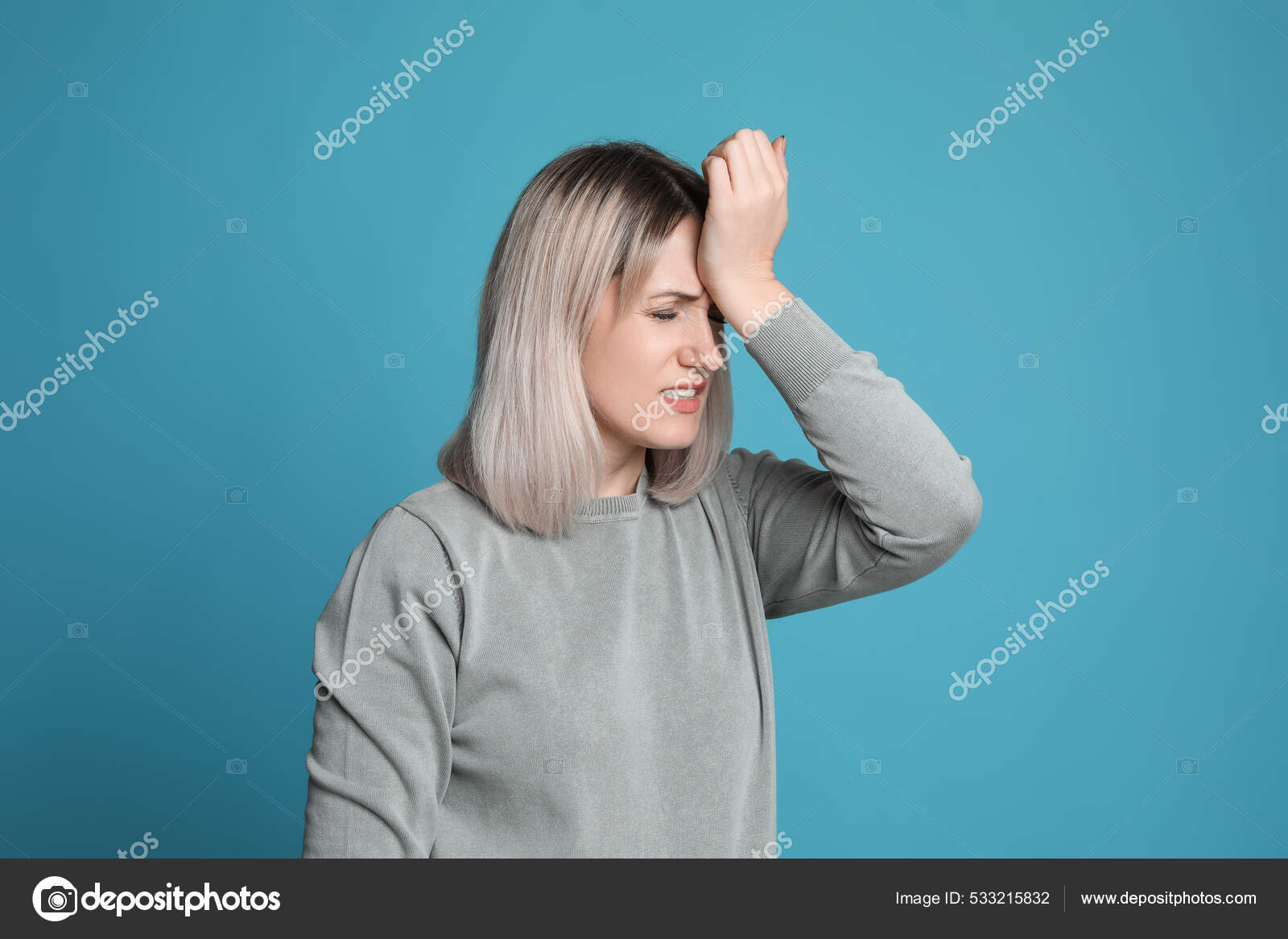 Woman Suffering Headache Light Blue Background Stock Photo by ...