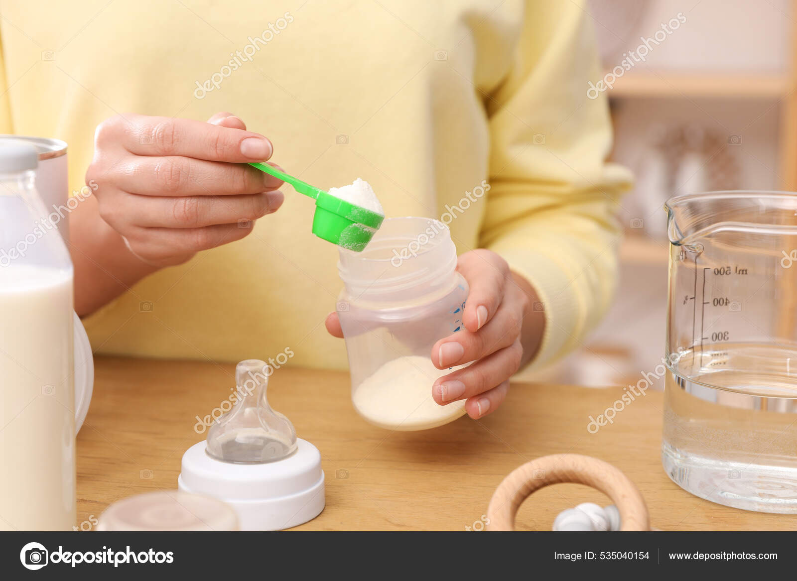 Woman Preparing Infant Formula Table Indoors Closeup Baby Milk Stock ...