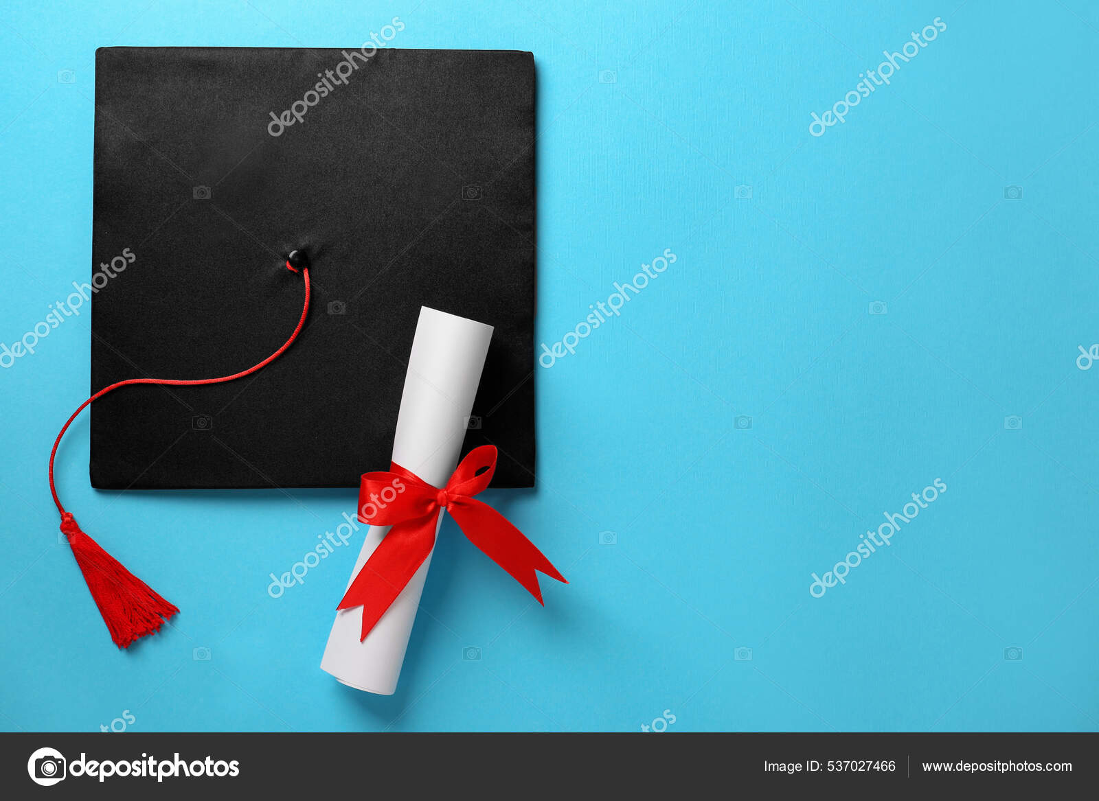 Graduation Hat Diploma Light Blue Background Flat Lay Space Text ...