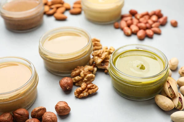 Jars Butters Made Different Nuts Ingredients Black Table Stock Photo by ...