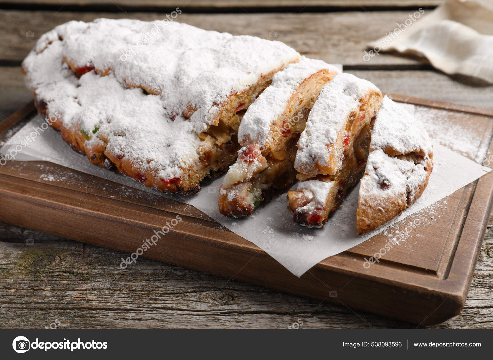 Traditional Christmas Stollen Icing Sugar Wooden Table — Stock Photo ...