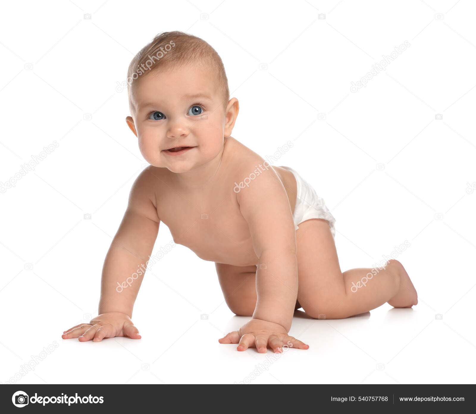 Cute Little Baby Diaper Crawling White Background Stock Photo by ...