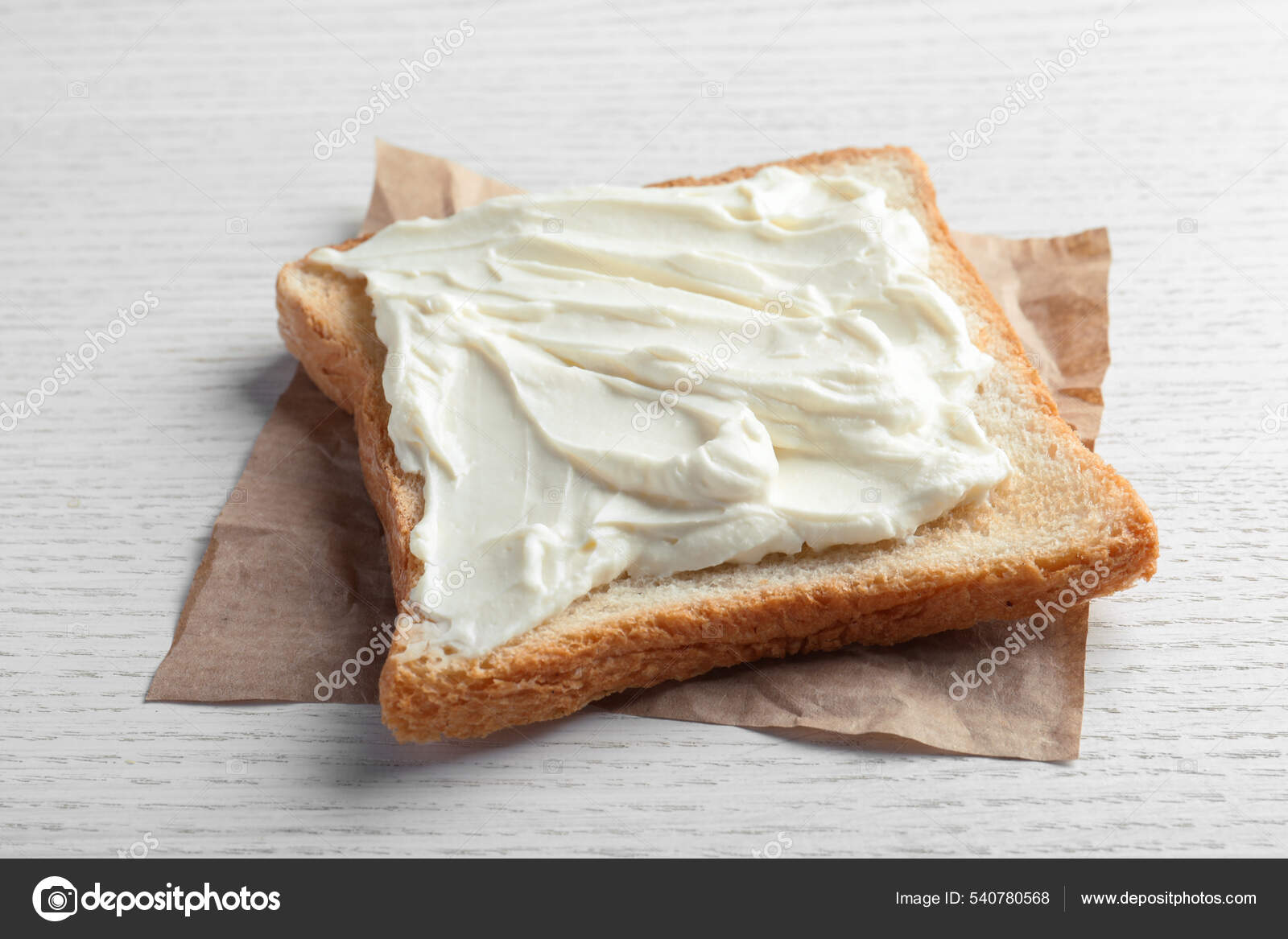 Slice Bread Tasty Cream Cheese White Wooden Table Closeup Stock Photo ...