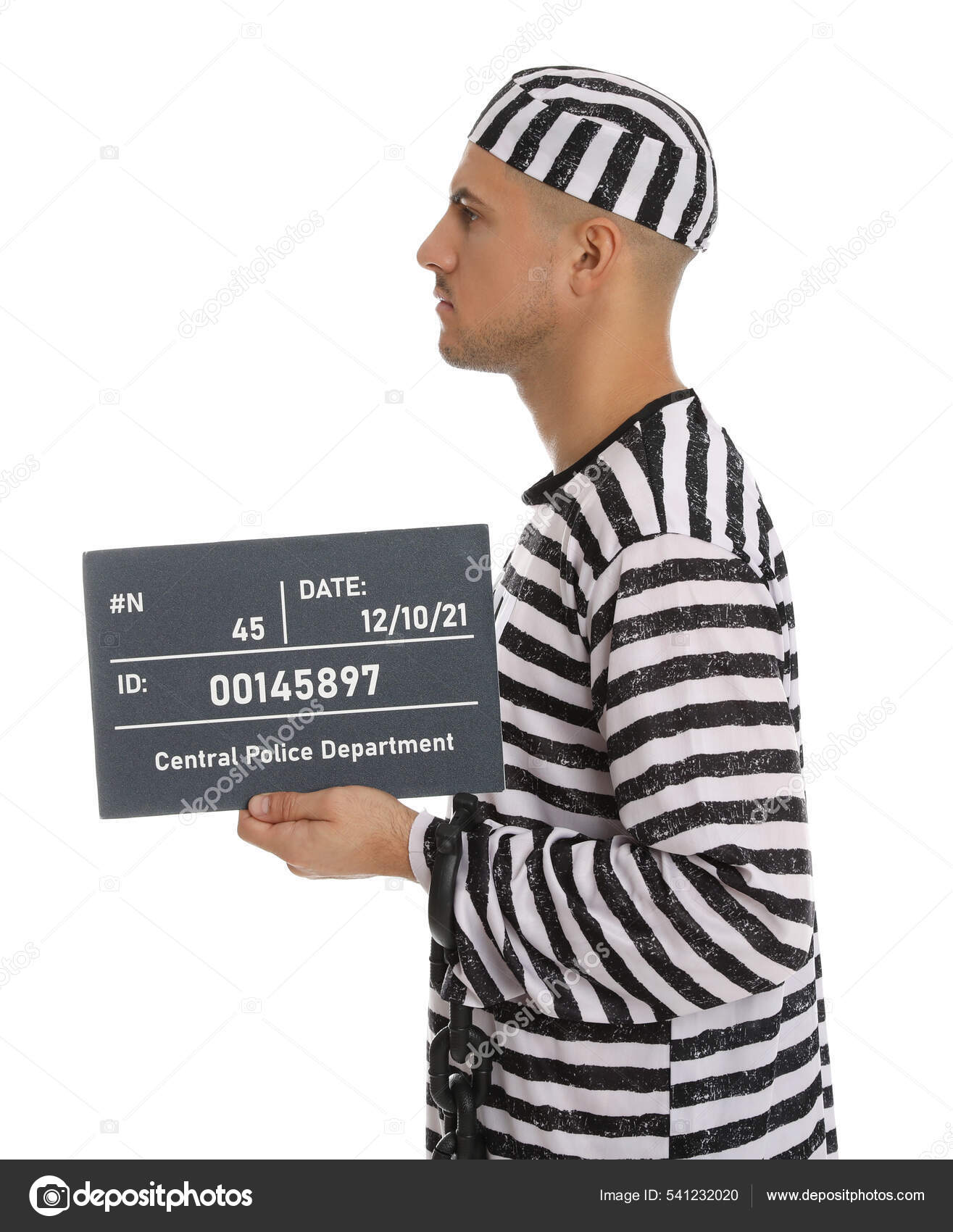 Mug Shot Prisoner Striped Uniform Board White Background Side View ...