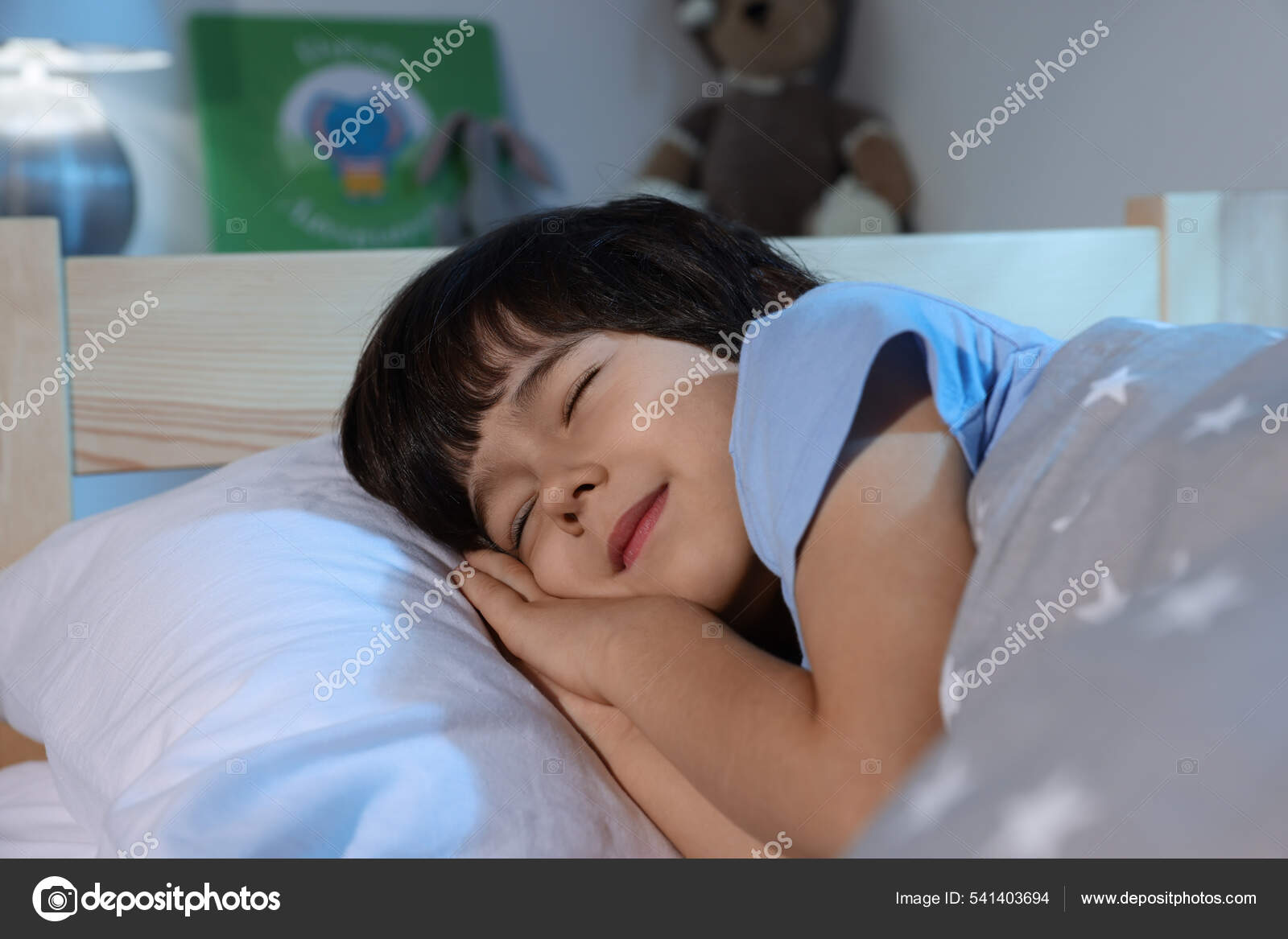 Cute Little Boy Sleeping Bed Home — Stock Photo © NewAfrica #541403694