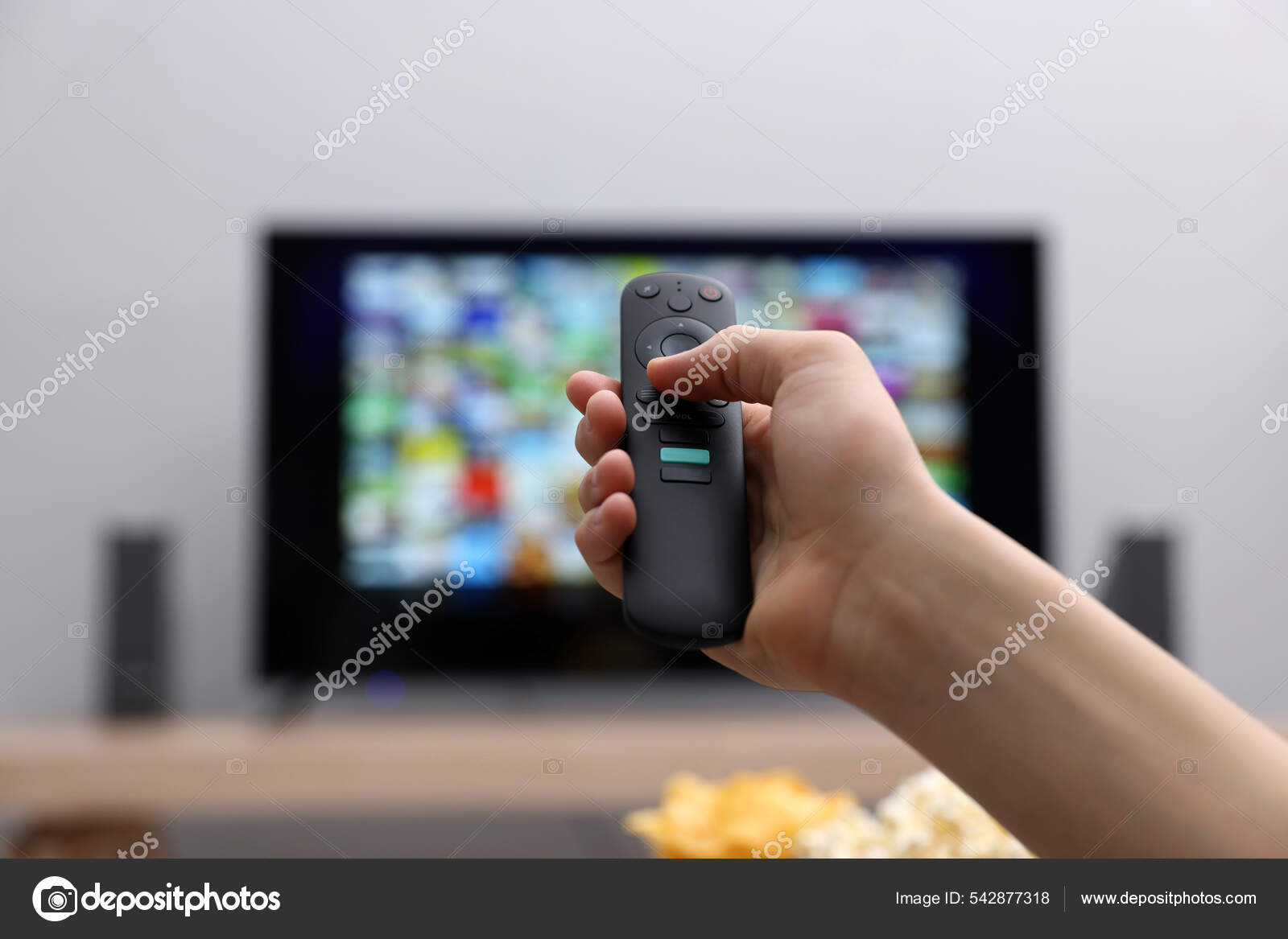 Woman Switching Channels Set Remote Control Home Closeup Stock Photo by ...