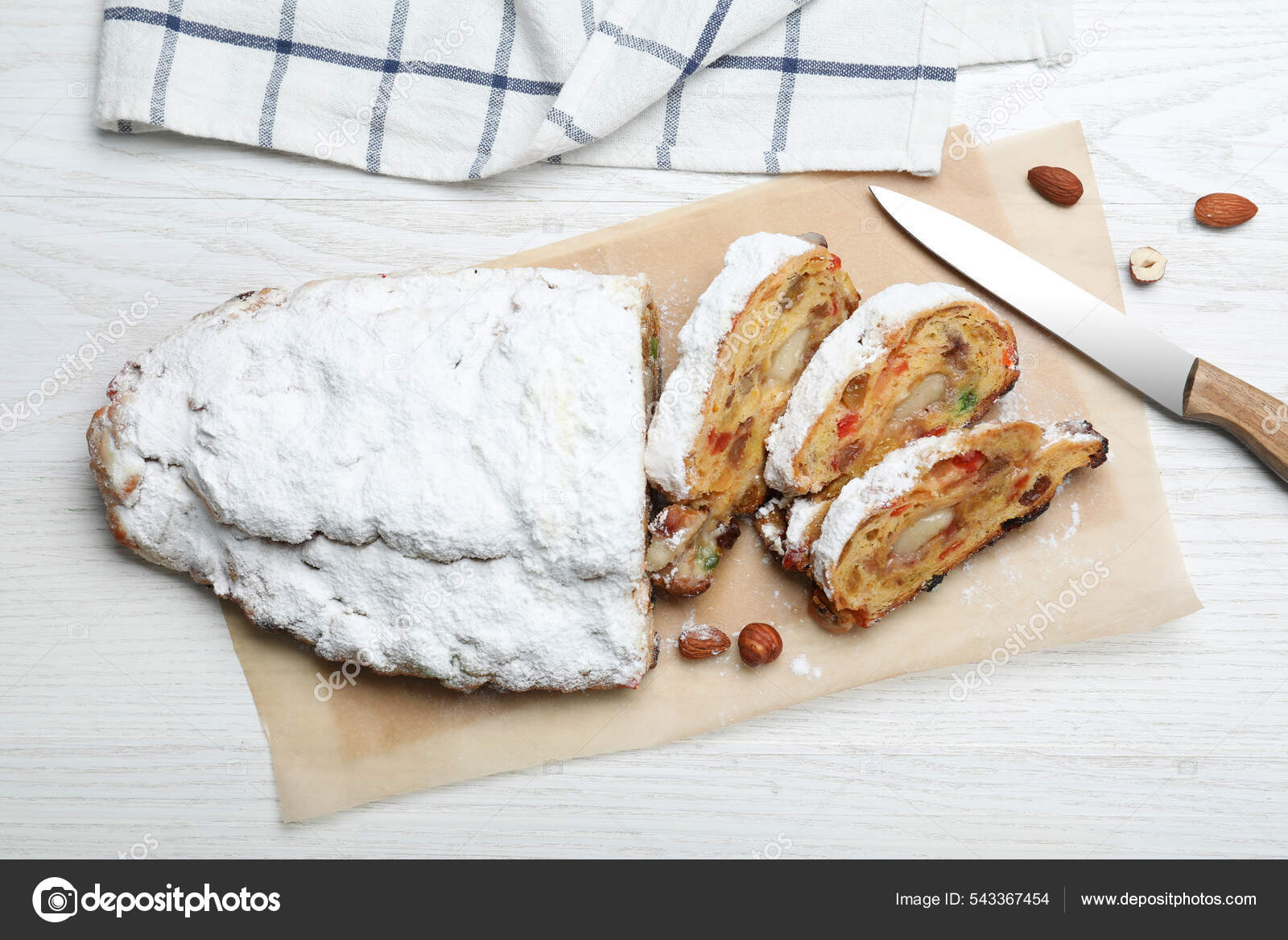 Traditional Christmas Stollen Icing Sugar White Wooden Table Flat Lay ...