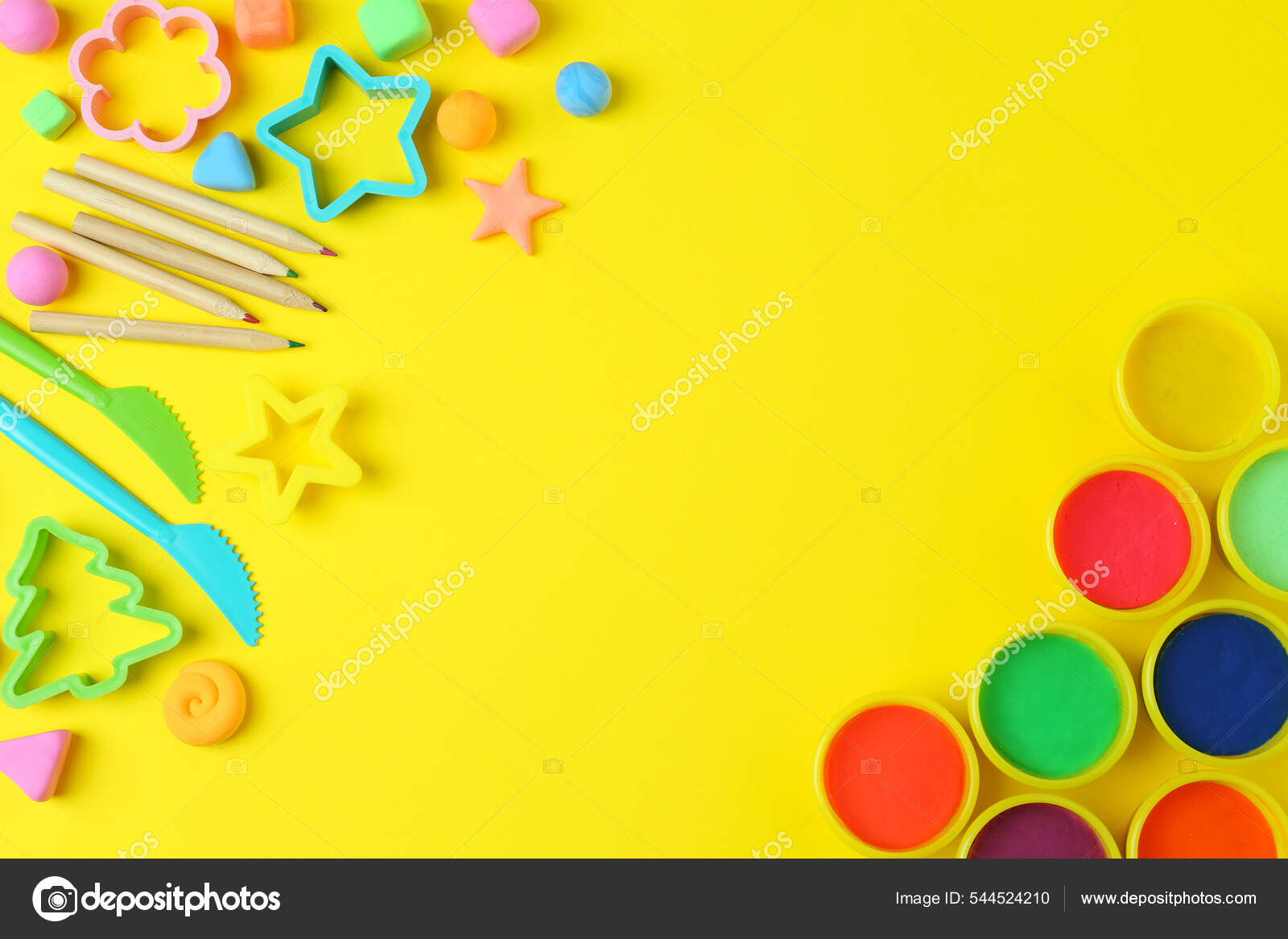 Different Color Play Dough Tools Molds Yellow Background Flat Lay Stock ...