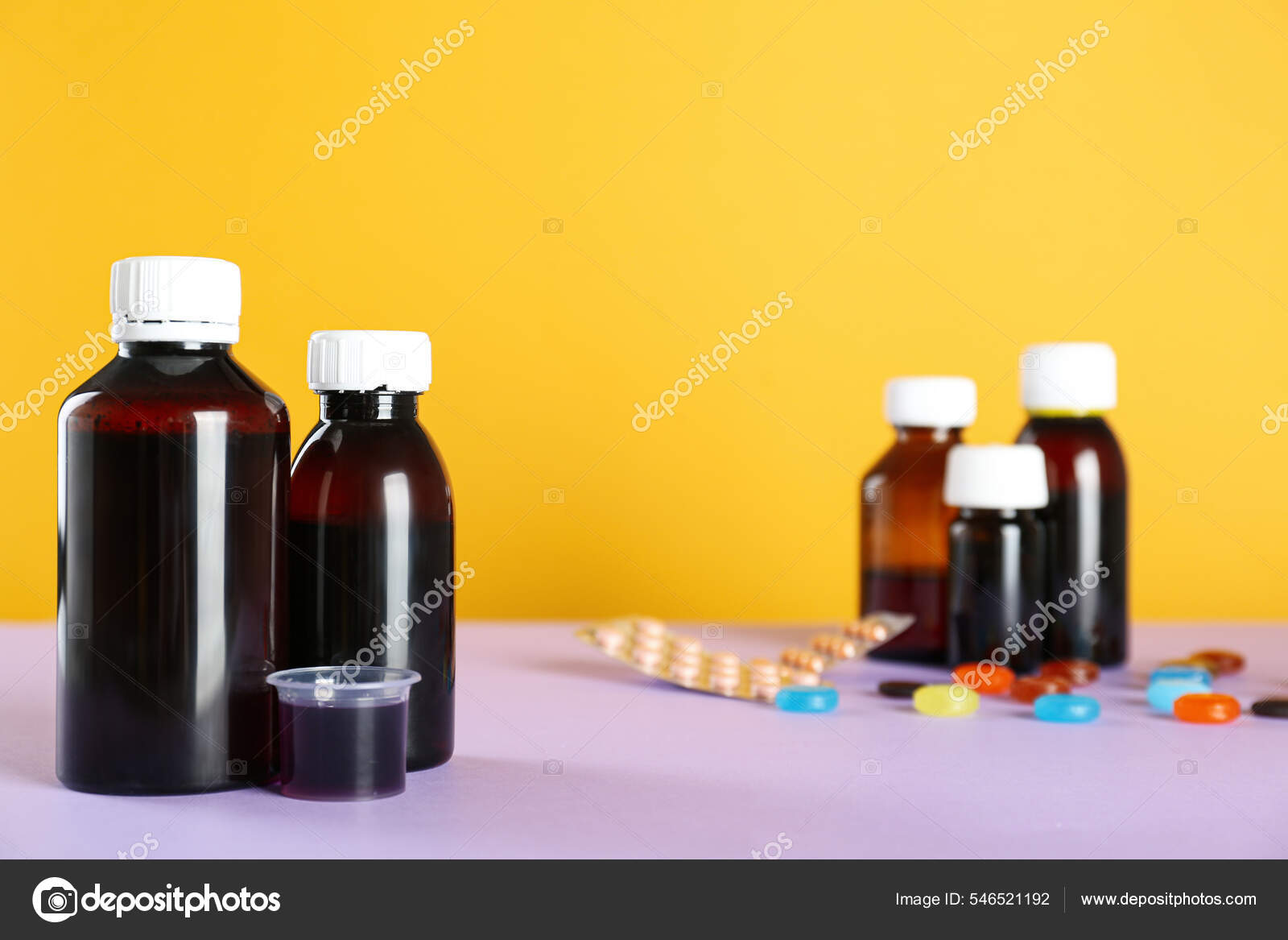 Bottles Cough Syrup Measuring Cup Color Background Space Text — Stock ...