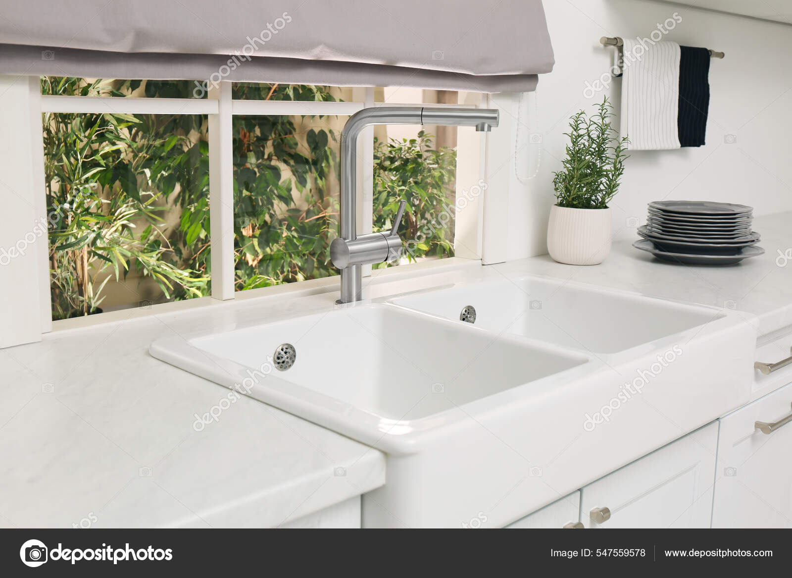 White Double Bowl Kitchen Sink Front Window Stock Photo by ©NewAfrica ...
