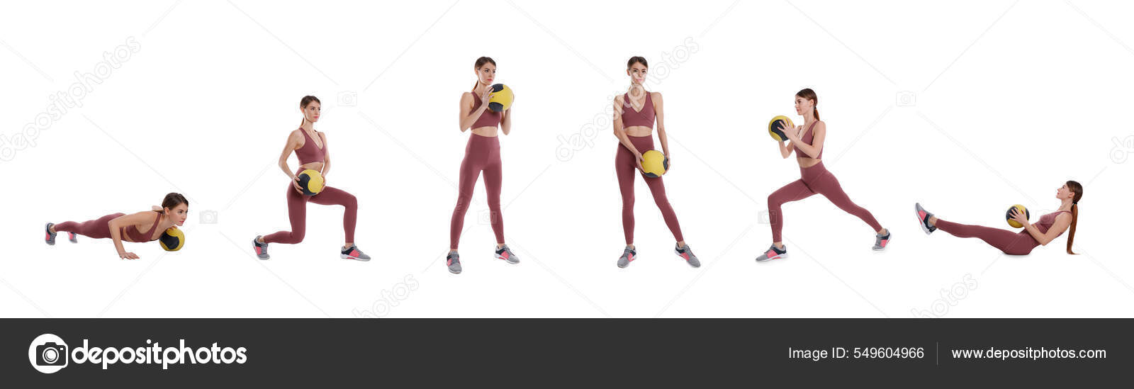 Athletic Woman Doing Different Exercises Medicine Ball White Background ...