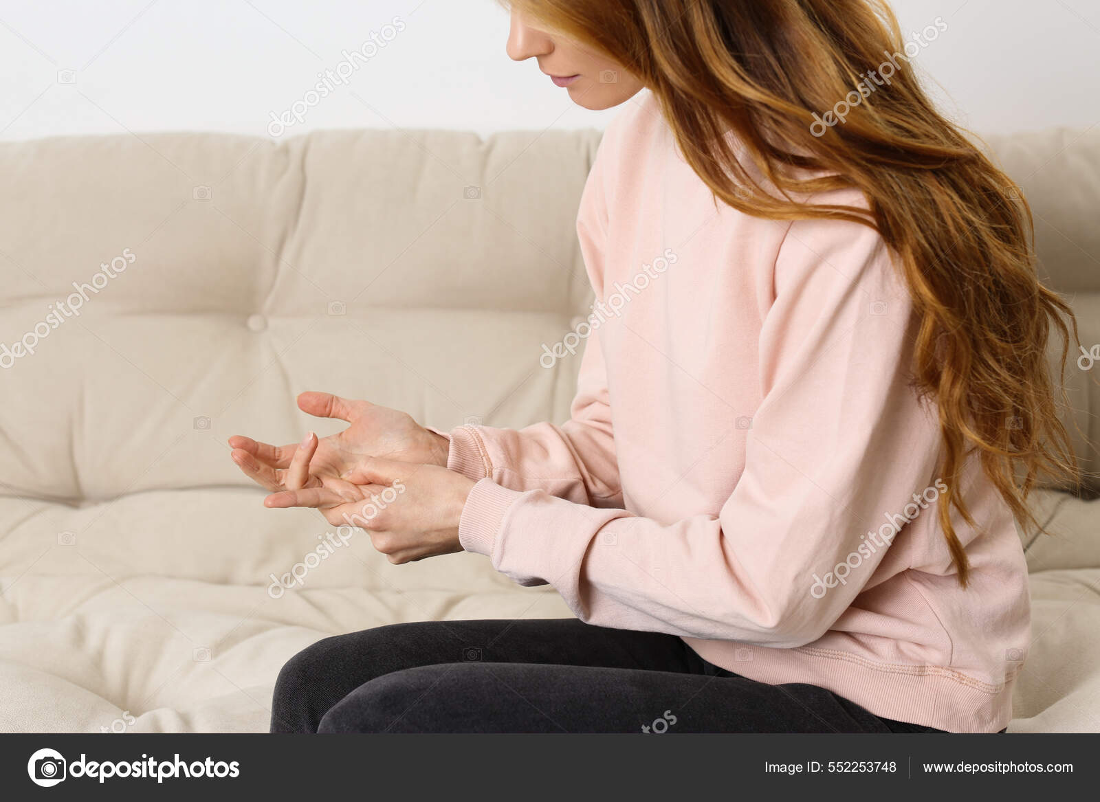 Woman Suffering Trigger Finger Sofa Closeup Stock Photo by ©NewAfrica ...