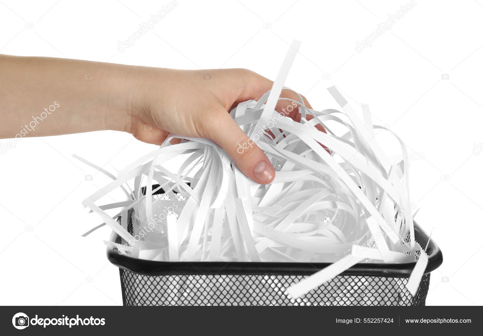 Woman Taking Shredded Paper Strips Trash Bin White Background Closeup ...