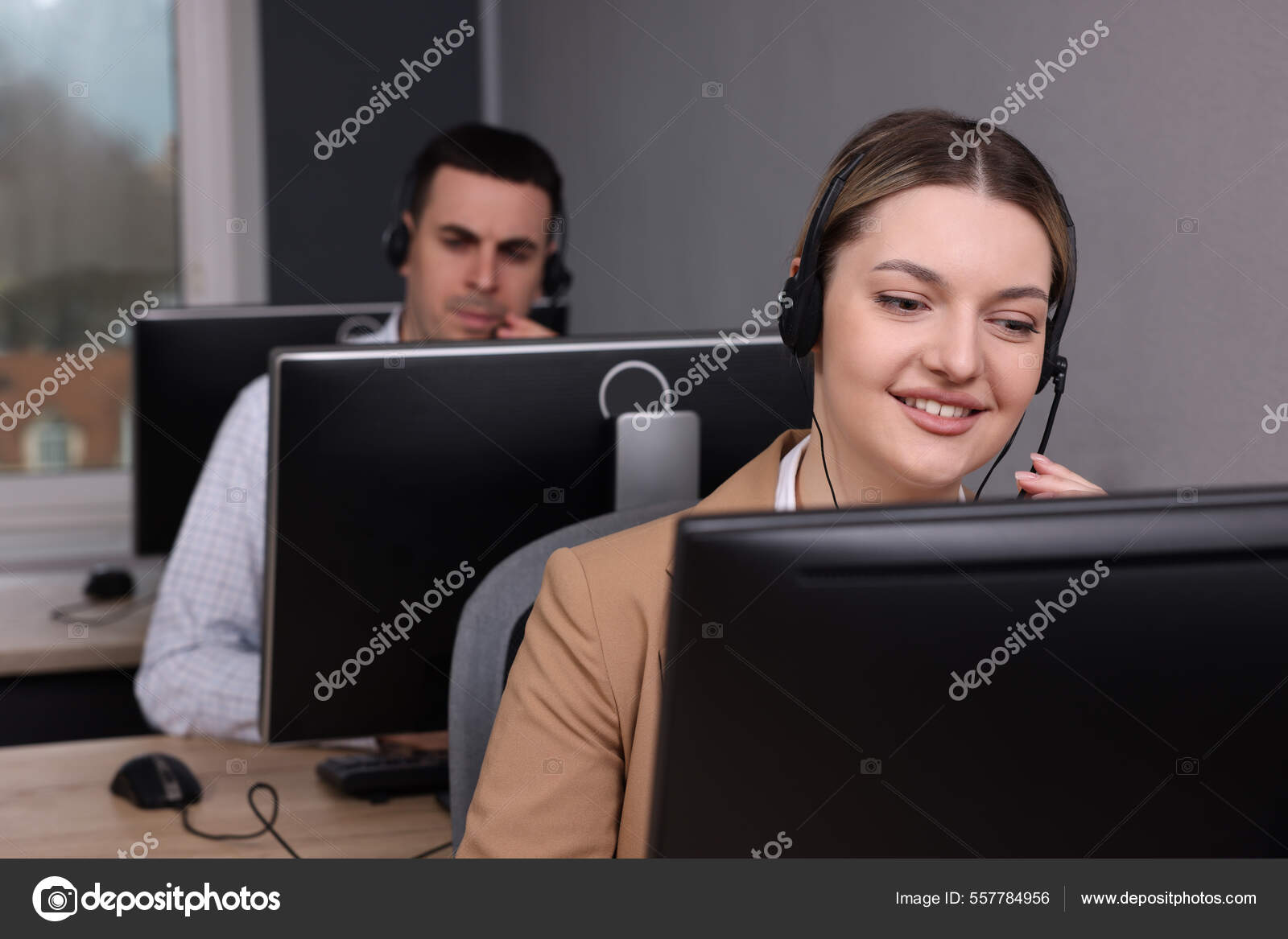 Young Call Center Operators Headsets Working Modern Office — Stock ...